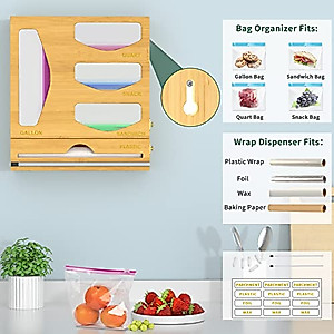 Foil and Plastic Wrap Organizer with Bag Storage Organizer, Bamboo Wrap Dispenser with cutter, Food Storage Bag Organizer for Gallon, Quart, Sandwich, Snack