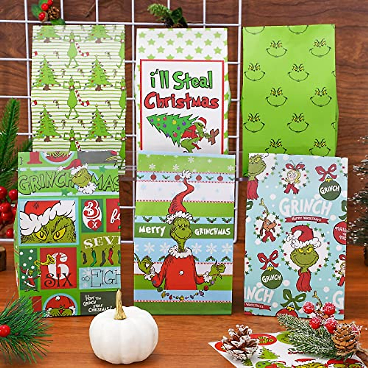 AnyDesign 48Pcs Christmas Treat Goodie Bag 6 Design Christmas Paper Gift Bag with 48Pcs Stickers Funny Cartoon Character Party Favor Bags Candy Bags for Snacks Cookie Wrapping Supplies