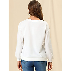 Allegra K Women's Sequin Shiny Star Crew Neck Long Sleeve Sweatshirt Top White Medium