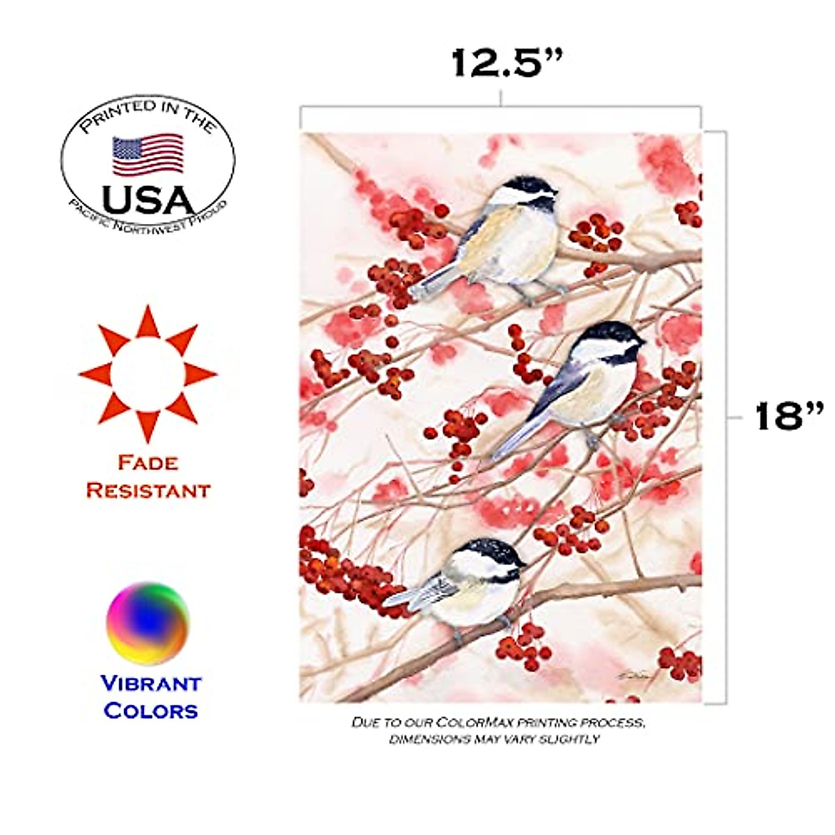 Toland Home Garden 1110443 Chickadees and Berries Spring Flag 12x18 Inch Double Sided Spring Garden Flag for Outdoor House Bird Flag Yard Decoration