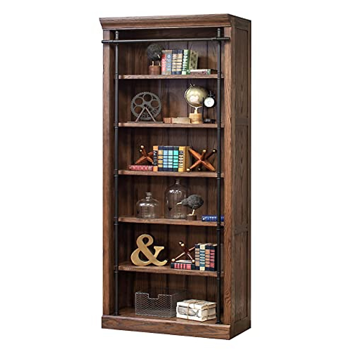 Martin Furniture Avondale 8' Tall Bookcase Wall with Ladder, Storage Organizer, Display Shelf for Office, Brown