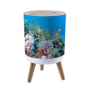 OJNR36WKPD Small Trash Can with Lid Coral Reef with Shoal of Fishes scalefin anthias Underwater Wood Legs Press Cover Garbage Bin Round Waste Bin Wastebasket for Kitchen Bathroom Office 7L/1.8 Gallon