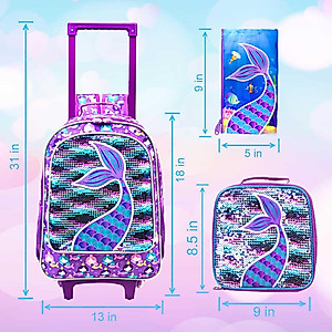 gxtvo Rolling Backpack for Girls, Roller Wheels Kids Bookbag - Wheeled Suitcase Elementary Sequin School Bag - 3PCS Mermaid