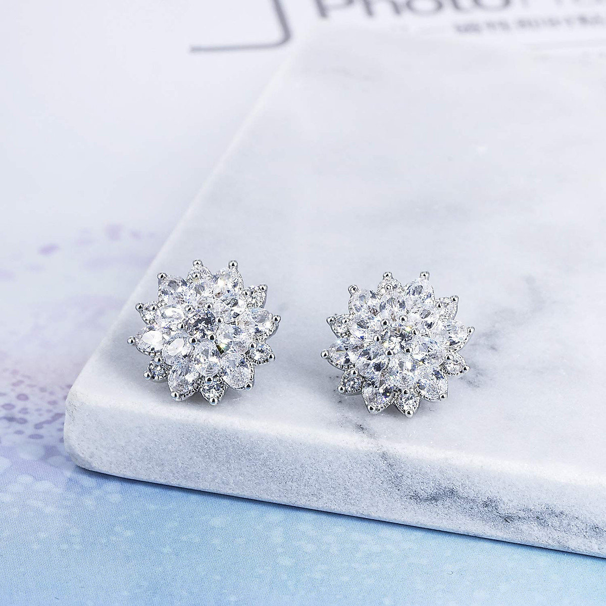 YOQUCOL Bright Cubic Zirconia Crystal Snowflake Flower Shape Clip On Stud Non Pierced Earrings For Women
