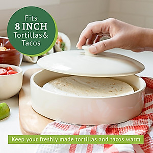 Chef Tacos Ceramic Tortilla Warmer, Microwavable, Tortilla Holder Container, Pancake Keeper, Best for Storage Tortilleros, with Lid (8-inch, Cream)