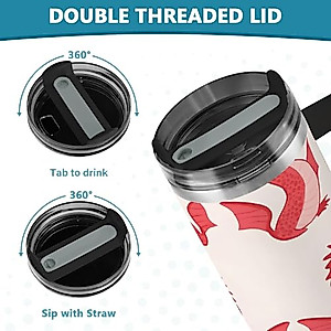 Flradish 30oz Tumbler with Handle, Red Dragon Pattern Stainless Steel Tumbler with Lid and Straws Double Wall Vacuum Insulated Leakproof Coffee Travel Mug
