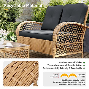UPHA Patio Outdoor Furniture Set, Beige PE Rattan Patio Conversation Sets, 4 Pieces Wicker Patio Set with Loveseat, 2 Chairs, Coffee Table and Cushions for Backyard, Porch,Darkgrey
