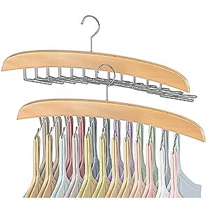 Tank Top Hanger Space Saving - Fitnice Bra Hanger for Closet Organizer with 360° Rotating 24 Foldable Metal Hooks Bra Organizer Wooden Tie Storage Rack for Camisoles, Bras, Belts, Scarfs 2 Pack
