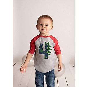 7 ate 9 Apparel Boy's Four 4 Fourth 4th Dinosaur Birthday Dino Red Raglan Tee 5T