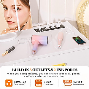 Girapow Vanity Desk with Power Outlets and Lights, 36'' Makeup Vanity with Tri Fold Lighted Mirror, White Vanity Set with Drawers, Vanity Table with Cushion Stool, Small Makeup Table for Bedroom,White