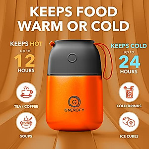 ENERGIFY Vacuum Insulated Food Jar Made of Premium BPA-Free Stainless Steel. 17oz Thermos Includes Folding Spoon and Cup. Hot & Cold Lunch, Drinks Container For Kids and Adults. Leak Proof, Orange.