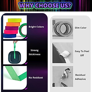 HTVRONT UV Blacklight Reactive Neon Tape, 6 Colors Neon Gaffer Tape, Fluorescent UV Black Light Glow in The Dark Tape for UV Party 0.6inch x 16.5ft x 6 Rolls