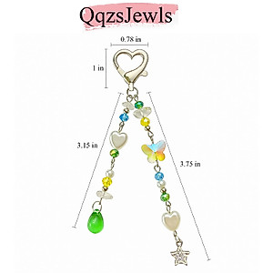 QqzsJewls Cute Kawaii Keychain for Women Aesthetic Backpack Saddle Accessories for Her Silver Dangly Bag Charms Beaded Crystal Butterfly Keychain Coin Purse Accessories Car Charm (Green)