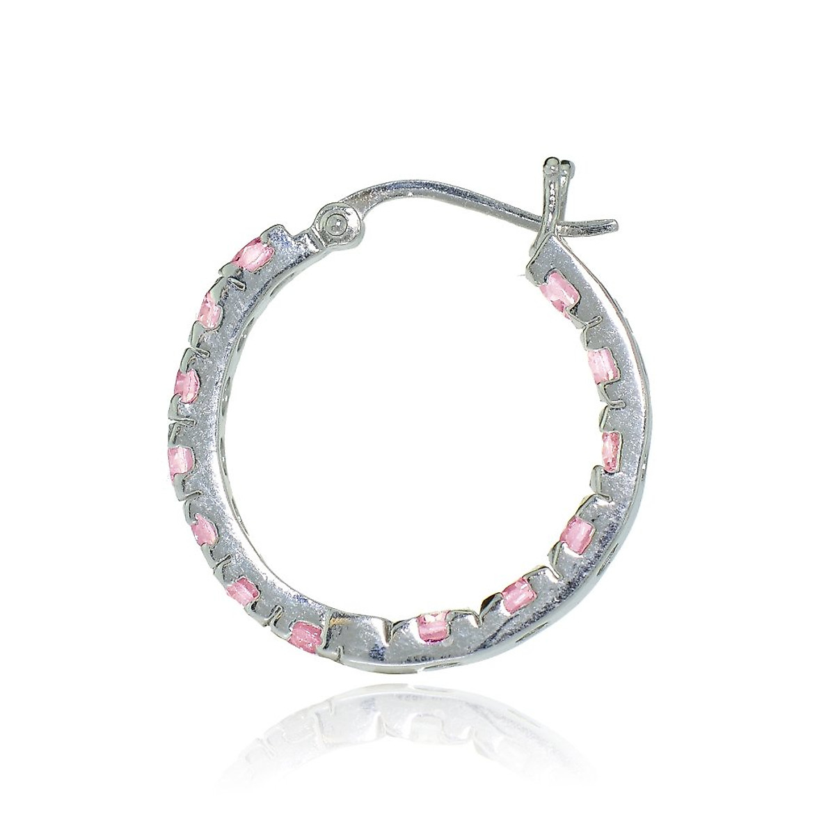 Sterling Silver Light Pink Cubic Zirconia Inside Out 3x25 mm Round Hoop Earrings