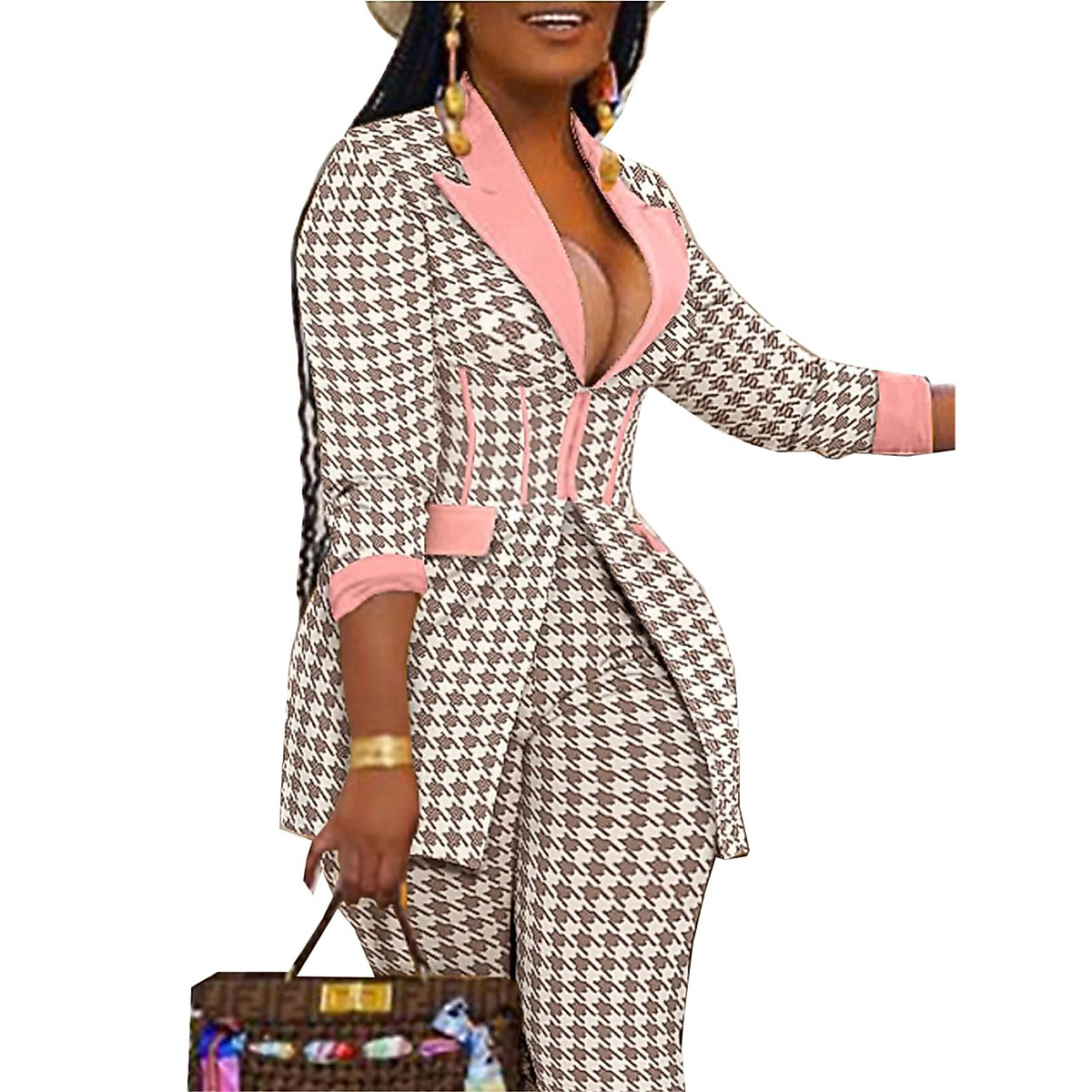 Womesn Sexy 2 Pieces Houndstooth Printed Blazer Jackets Bodycon Pants Party Clubwear Tracksuit Outfits Suit Set(Pink,M)