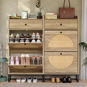 furomate Shoe Rack Storage Organizer with 2 Natural Semi-Circular Rattan Doors and Drawer Space, Entryway Shoe Cabinet for Sneakers, Leather Shoes, High Heels, Slippers Entryway Furniture
