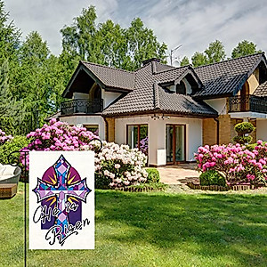 Heyfibro Easter Jesus Garden Flag 12 x 18 Inch BurlapVertical Double Sided Burlap Flags He Is Risen Cross Religious Garden Yard Banners for Outside Christmas Easter Spring Decoration(ONLY FLAG)