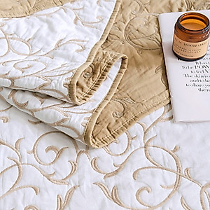 mixinni Reversible Soft Quilts 3-Piece Beige Embroidery Pattern Elegant Set with Embroidered Decorative Shams Soft Bedspread&Coverlet Set (Queen Size, Beige)