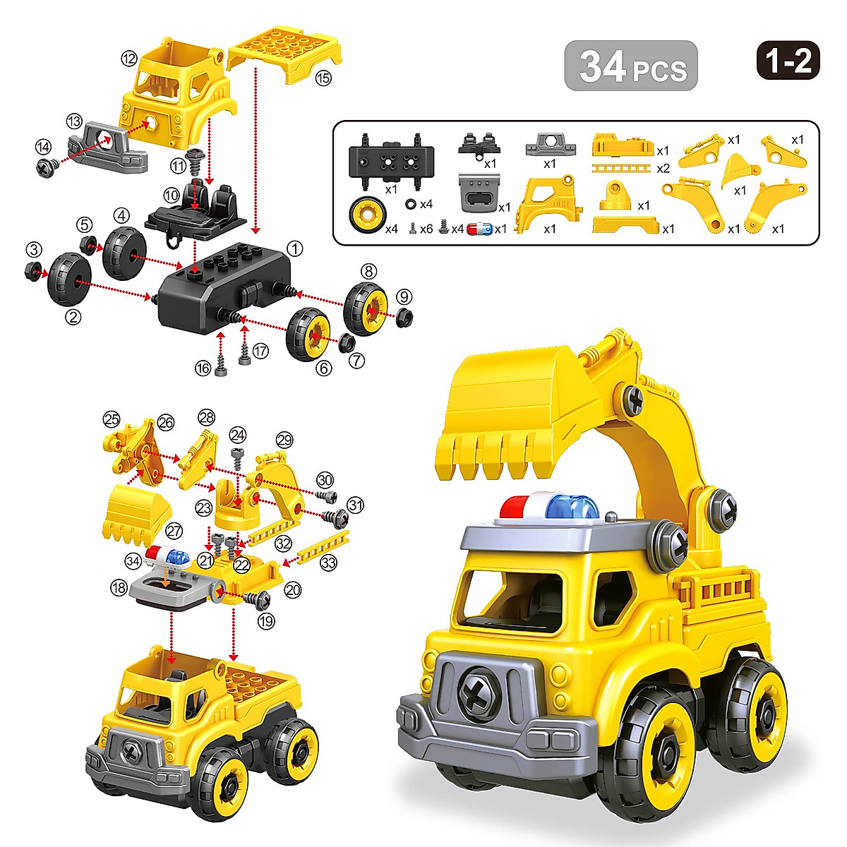 4-in-1 Take Apart Car Toys for Boys, DIY Engineering Construction Truck Toy Vehicle - Dump Truck, Cement Mixer, Excavator, Crane, Kids Building Educational Toy Gift for Age 3 4 5 6 7 8 Year Old Girls