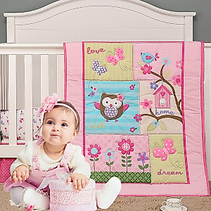 Brandream Garden Birds Floral Crib Bedding Sets for Girls | 3-Piece Pink Butterfly Nursery Set | Baby Quilt, Fitted Crib Sheet, Dust Ruffled Included - Animal Owl