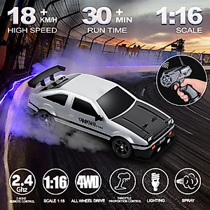 Remote Control Car RC Drift Car 1:16 Scale 4WD 18KM/H High Speed Model Vehicle 2.4GHz with LED Lights Spray Rubber Tire Racing Sport Toy Car for Adults Boys Girls Kids Gift 2Pcs Rechargeable Batteries