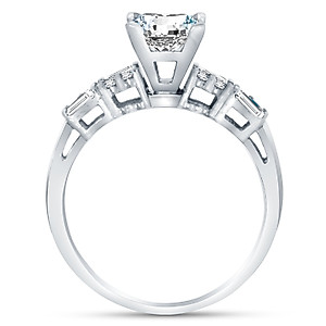 Size 4 - Solid 14k White Gold CZ Cubic Zirconia Bridal Engagement Ring w/Matching Wedding Band Two Ring Set - Princess Cut Solitaire with Round & Baguette Side Stones (2.25cttw., 1.0ct. Center)