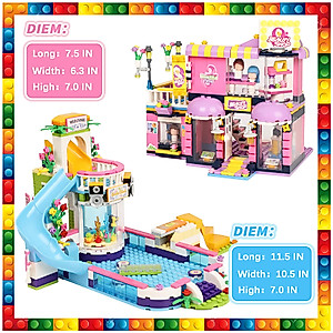1373 Pieces Summer Pool Party Time, Hair Salon Toys Building Blocks Set Includes Juice Bar, Cars Building Play Kit,Storage Box, Learning and Roleplay Gift for Boys Girls 6-12