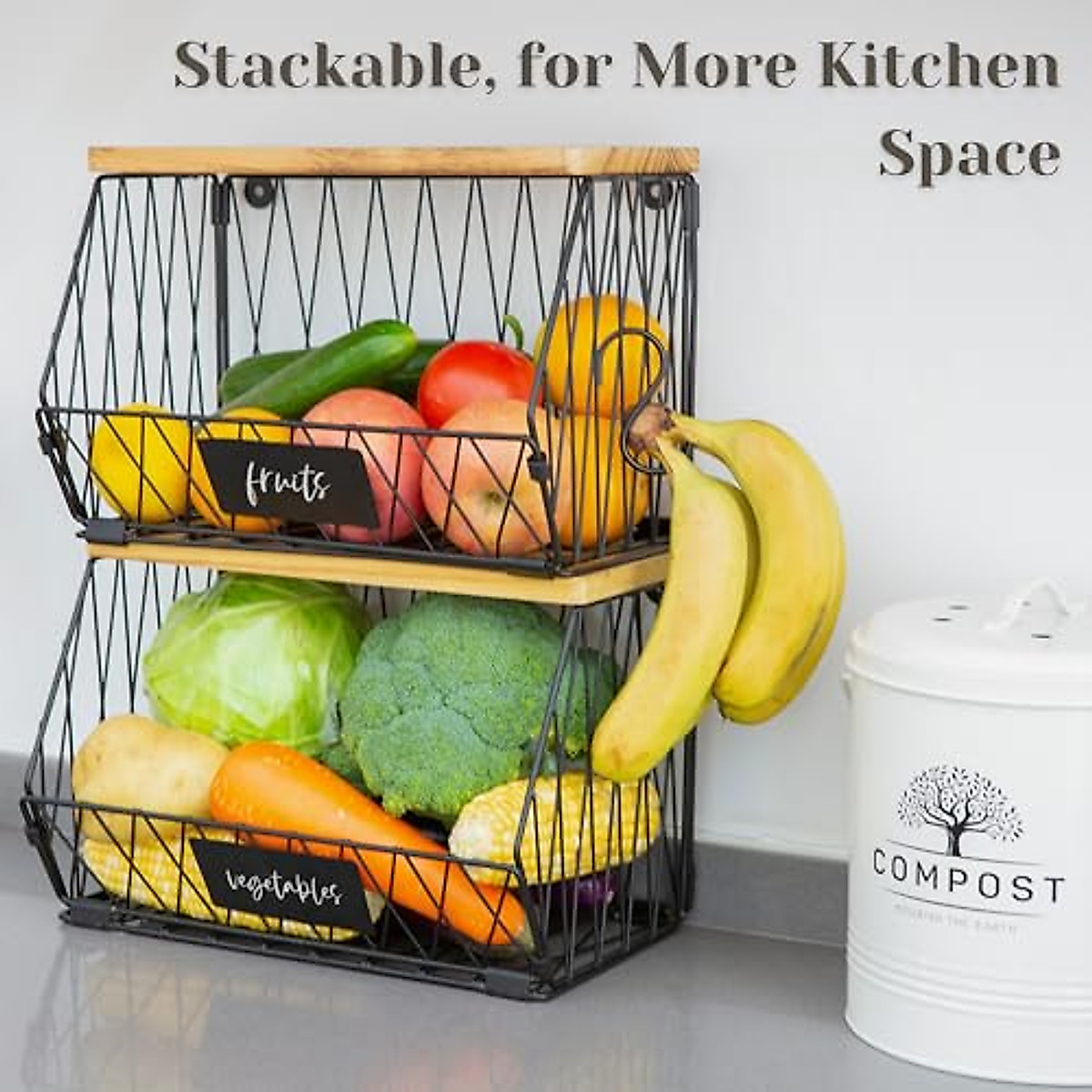 PERFNIQUE Fruit Basket, Wall Mounted Kitchen Baskets for Storage, 2PCS Stackable Fruit Holder with Wooden Lid, Vegetable Baskets for Kitchen, Hanging Metal Wire Baskets (Black, M & M)