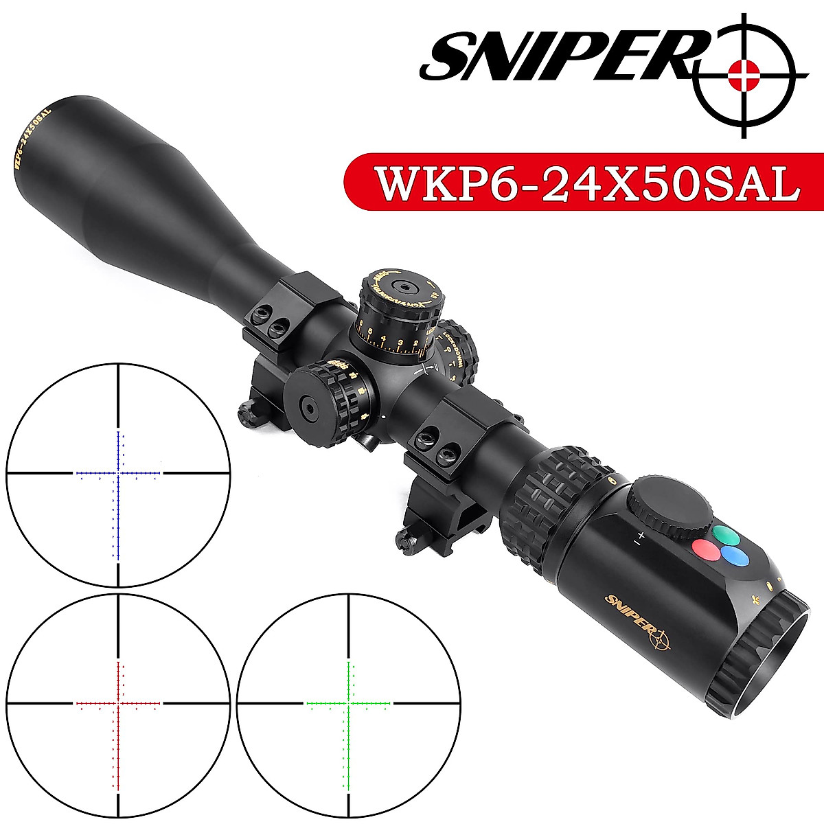 SNIPER WKP6-24x50SAL Hunting Rifle Scope Red, Green & Blue Illuminated Reticle/Fully Multi-Coated Lens/3" Sunshade