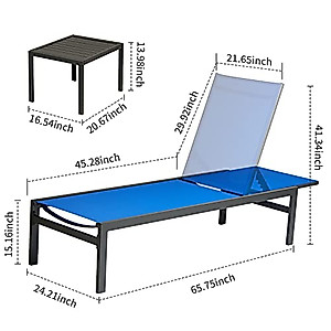 LYMJARD Patio Chaise Lounge 3 Pcs Aluminum Lounge Chair Sets Outdoor 5 Position Adjustable, All Weather for Pool Beach Patio Backyard Lawn and Garden,Side Table Included (Blue Textilene)
