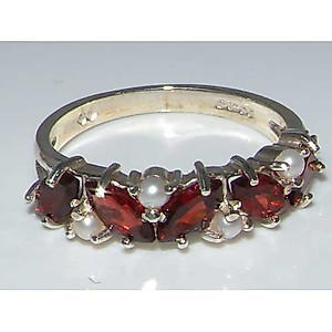 LetsBuyGold 925 Sterling Silver Real Genuine Garnet & Cultured Pearl Womens Eternity Engagement Ring - Size 6