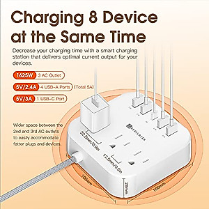 Power Strip, 3 Outlets, 4 USB Charging Ports, 1 USB-C Port, 5Ft Braided Extension Cord. Wall or Desk. Home Office Travel