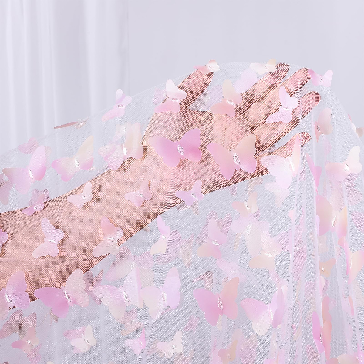 Rainbow Pink Tulle Fabric Rolls: 2 Yards 3D Butterfly Embroidery Fabric - DIY Cloth for Birthday Party Decorations Wedding Bridal Shower Baby Shower