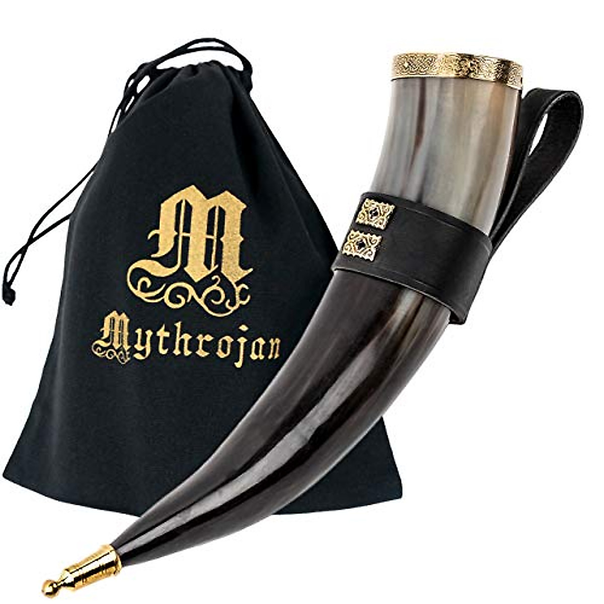 Mythrojan THE WEALTHY MERCHANT - Viking Drinking Horn with Black Leather holder Authentic Medieval Inspired Viking Wine/Mead Mug – Polished Finish
