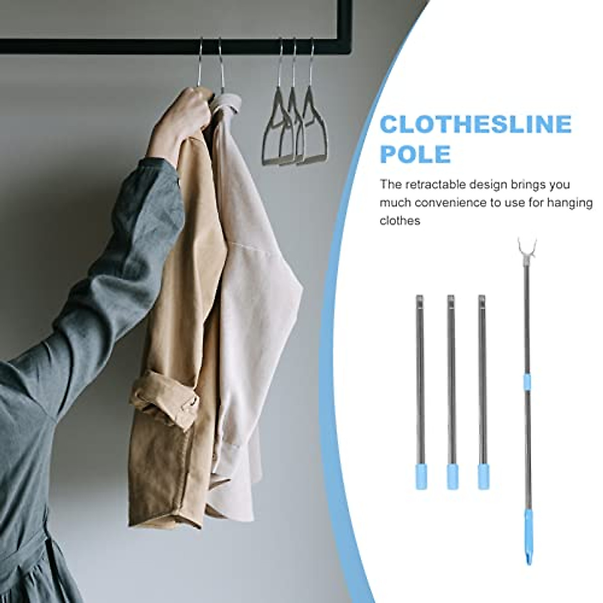 Reach Pole Hook Retractable Clothesline Prop Telescopic Handle Clothing Hook Pole Adjustable Clothesline Rod Hanger Garment Pole with Hook for Closet Shelf Ceiling