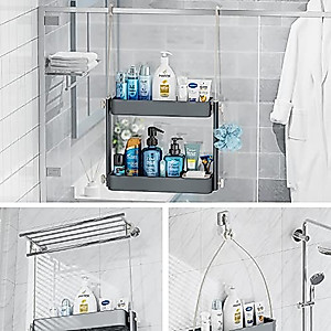 ADOVEL Shower Caddy Hanging, 2 in 1 Shower Caddy Over Shower Head/ Door, Sturdy Bathroom Shelf Organizer with Adjustable Height, Never Rust, No Drilling, 4 Suction Cups (Grey)