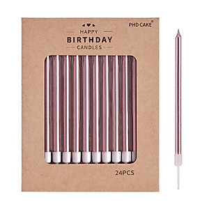 PHD CAKE 24-Count Rose Gold Long Thin Metallic Birthday Candles, Cake Candles, Birthday Parties, Wedding Decorations, Party Candles