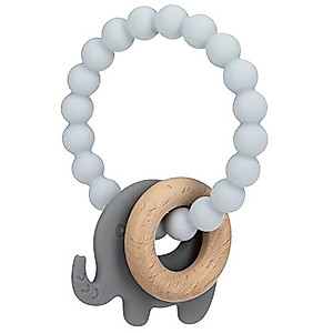 Nuby Natural Wood & Silicone Teether Ring: 3 M+, Elephant, Gray