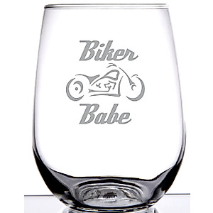 Biker Babe Stemless Wine Glass | Laser Etch Embedded Design | Motorcycle Biker Girl Woman | 15 Ounce