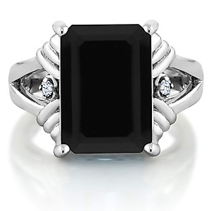 Gem Stone King 925 Sterling Silver Black Onyx and White Created Sapphire Engagement Ring For Women (7.38 Cttw, Gemstone December Birthstone, Emerald Cut 14X10MM, Size 7)