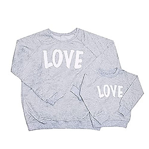 Mommy and Me Love Print Long Sleeve Pullover Tee Tops Family Matching Casual Sweatshirt T-Shirt Clothes Outfits(Grey,Mom/L)
