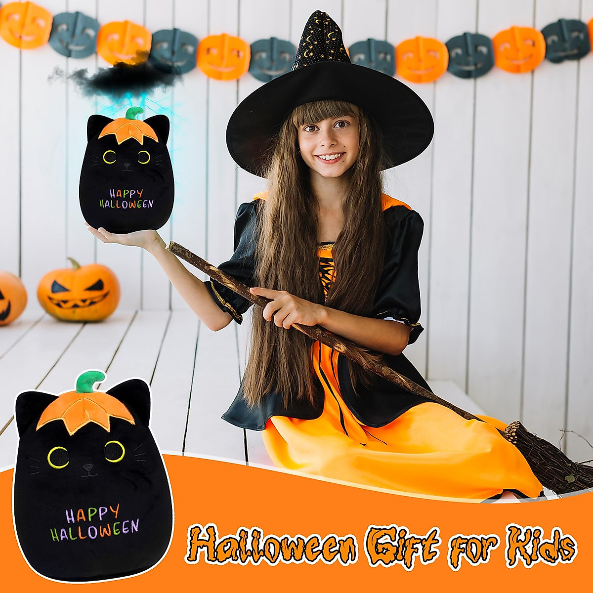 Leokawin Black Cat Stuffed Animal,8inch Black Cat Plush,Cute Black Cat Plush Toys with Pumpkin Hat,Cute Black Cat Plush Pillow Black Cat Plushies Birthdays Gifts for Kids