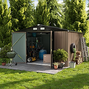 Outdoor Storage Shed, Amopatio Heavy Duty Galvanized Metal Garden Shed Backyard Storage Shed Outside Tool Storage Shed House (10' x 10', Brown)