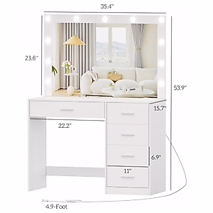 Irontar Vanity Desk with Charging Station, Makeup Table with Large Mirror, Makeup Vanity with Lights, Brightness Adjustable, Dressing Table Desk with 5 Drawers, Bedroom Vanity Table, White WDT010W