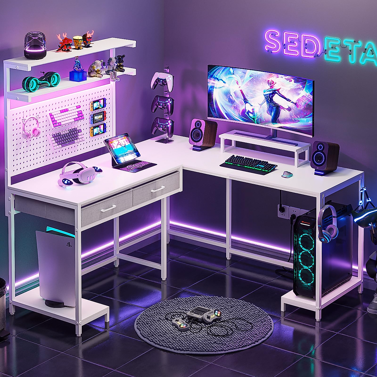 SEDETA White L Shaped Gaming Desk with LED Lights and Drawers, Gaming Desk with Hutch & Pegboard, Computer Desk with Monitor Stand, Storage Shelves, Home Office Desk Corner Desk, Gaming Table