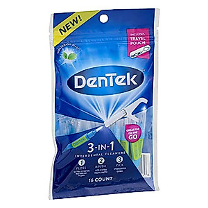 DenTek 3-In-1 Interdental Cleaners | Floss, Brush, Pick, Travel Pouch | 16 Count