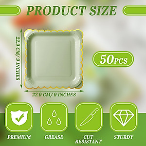 Uiifan 50 Pack Plates Sage Green Disposable Plates Sage Green Paper Plates for Party Dessert Plates Bulk Gold Border Disposable Paper Plates Set for Wedding Engagement Bridal Shower (9inch)