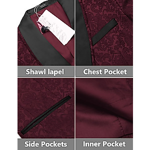 COOFANDY Men's Floral Tuxedo Suit Jacket Dinner Jacket Party Prom Wedding Blazer Jackets, Wine Red, XX-Large