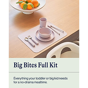 Lalo Big Bites Kids Dinnerware Full Set - Dishwasher Safe, BPA Free, Kids Tableware Set - Includes Stackable Bowl, Plate, Utensils & Cup - 7 Pieces - Sage