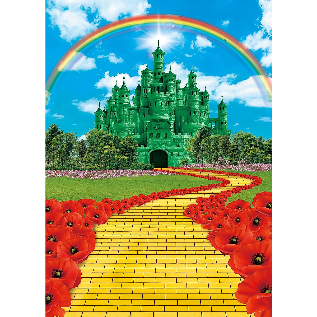 Green Castle Yellow Brick Road Backdrop for Party Decorations 5x7FT Rainbow Floral Castle Gold Brick Road Photography Background Baby Shower Princess Party Decorations Supplies